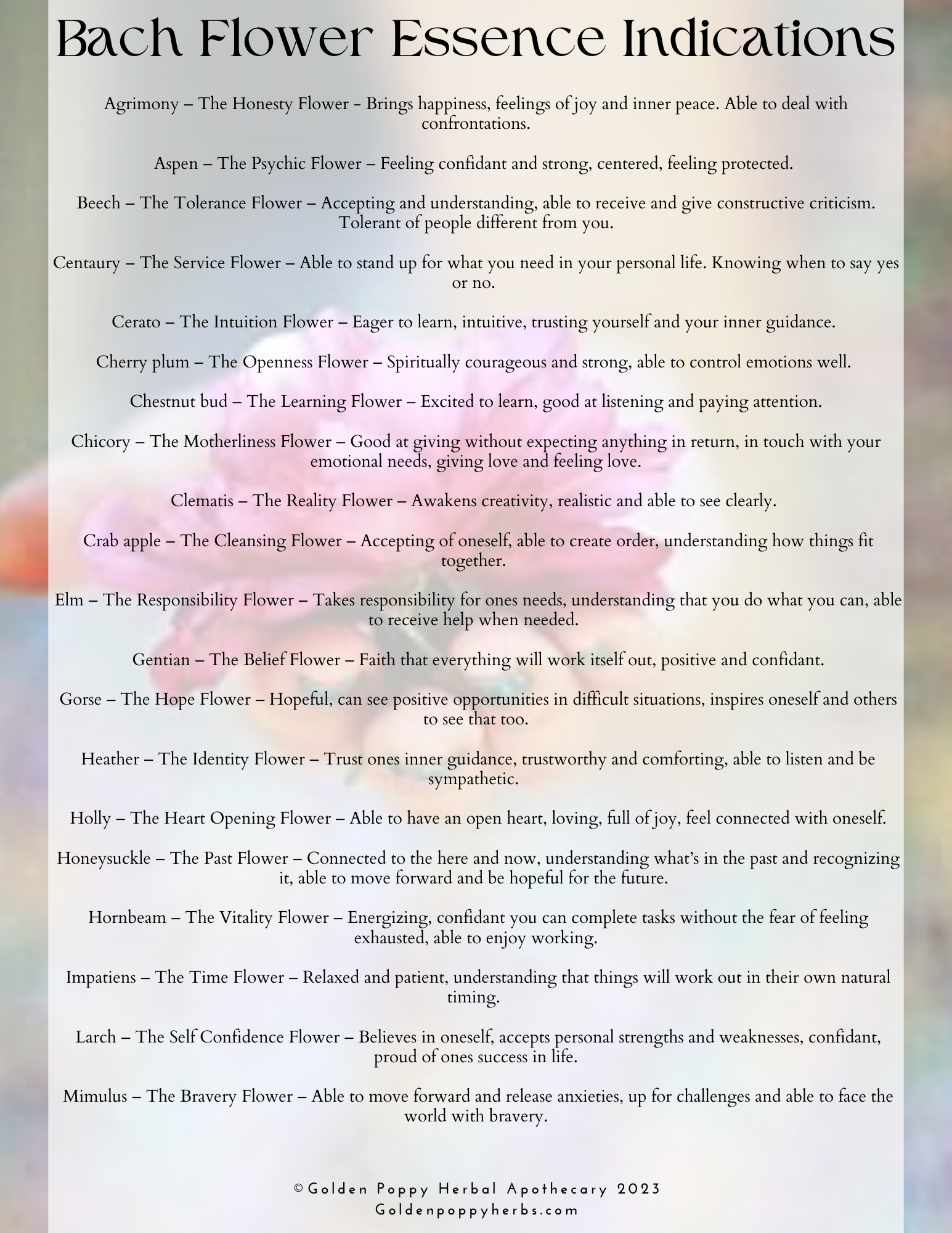 Flower Essence Indications - Golden Poppy