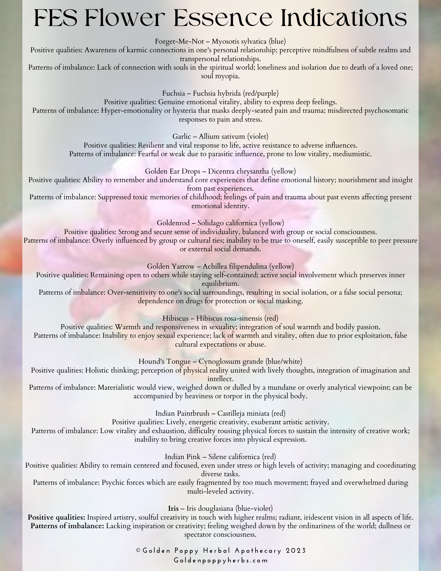 Flower Essence Indications - Golden Poppy